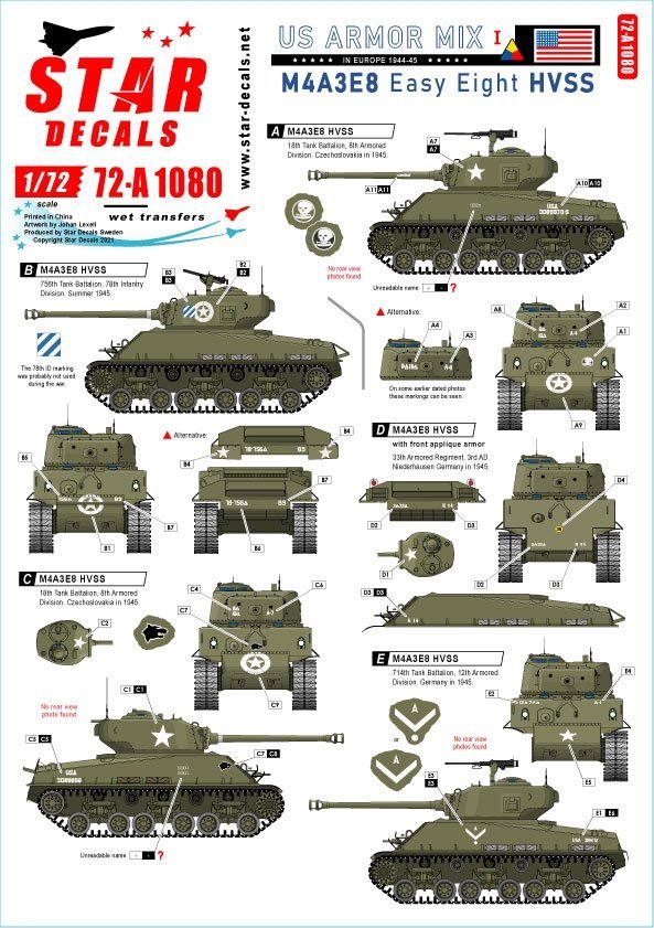 Star Decals 72-A1080 US Armor Mix # 1. US M4A3E8 'Easy Eight' tanks in ...