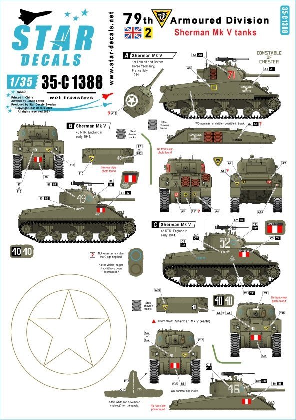 Star Decals 35-C1388 Sherman Mk V tanks. British 79th Armoured Division ...