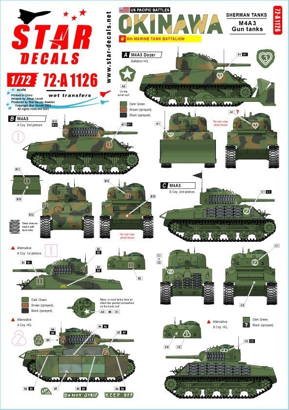 Star Decals 72-A1126 US PACIFIC WARS - OKINAWA USMC Sherman tanks 1 72 ...