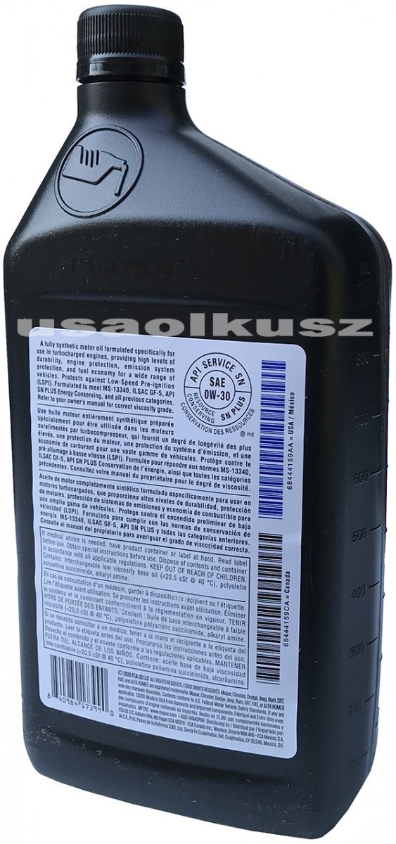 Olej silnikowy MOPAR 0W30 API SN PLUS ILSAC GL-5 MS-13340 Jeep Wrangler ...