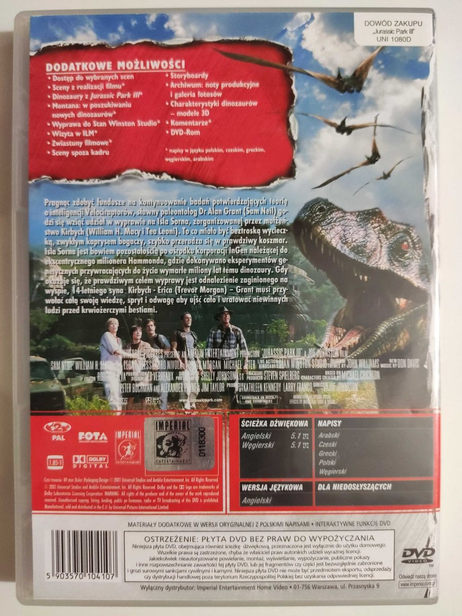 DVD. JURASSIC PARK III - Fabularne i seriale - Filmy - MULTIMEDIA