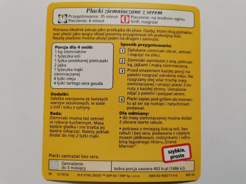 KARTA KULINARNA NR. 54 PLACKI ZIEMNIACZANE Z SEREM - Kulinarne - CZASOPISMA KARTA KULINARNA NR. 54 PLACKI ZIEMNIACZANE Z SEREM - Kulinarne - CZASOPISMA
