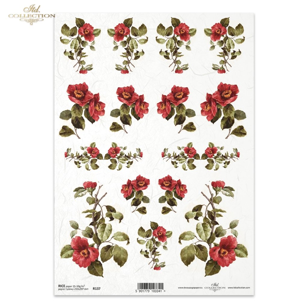 Rice paper R137 - flowers, red roses, twigs rose