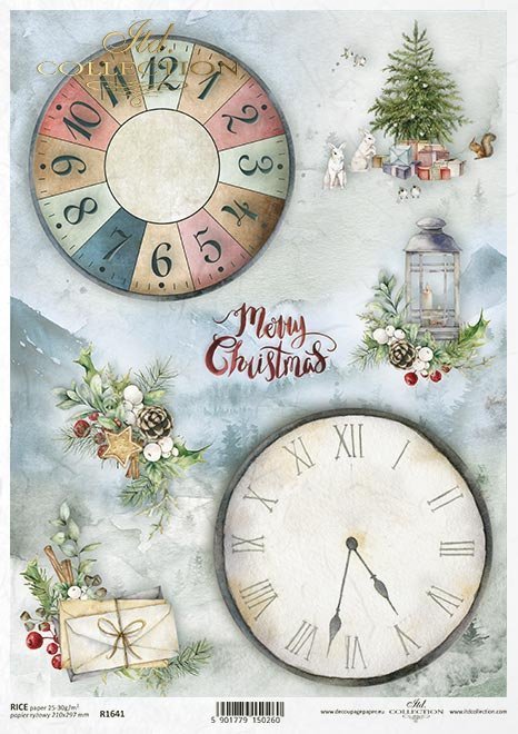 Rice paper R1641 - Christmas in red * Christmas tree, clock, clock face ...