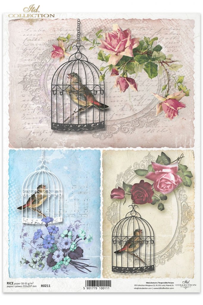 Rice paper R211 bird in a cage, bird cages, retro style, pastel colors ...