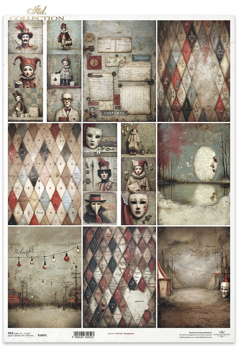 Rice paper A3 R1607L - carnival, masquerade, masks, harlequin, commedia ...